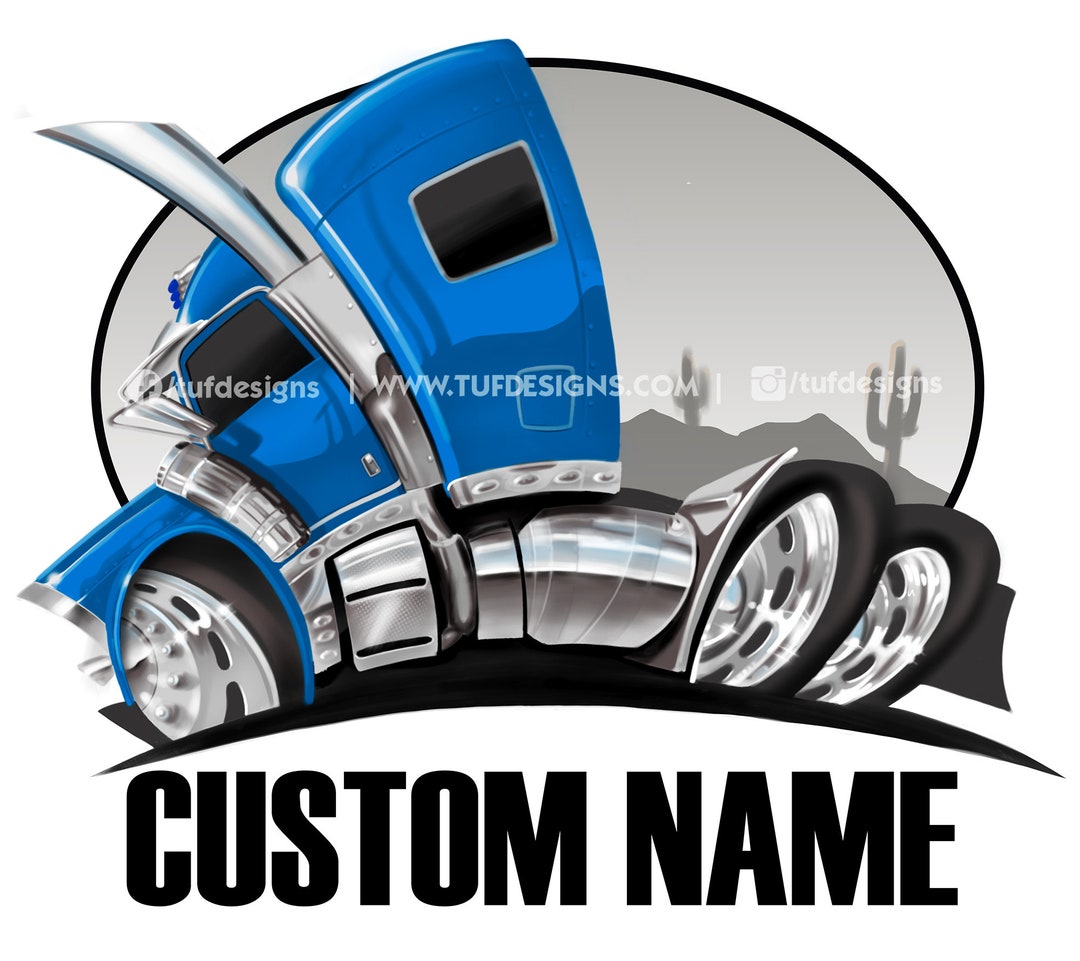 Semi Truck Drawing, Blue Peterbilt Artwork, Trucker Illustration, Truck ...