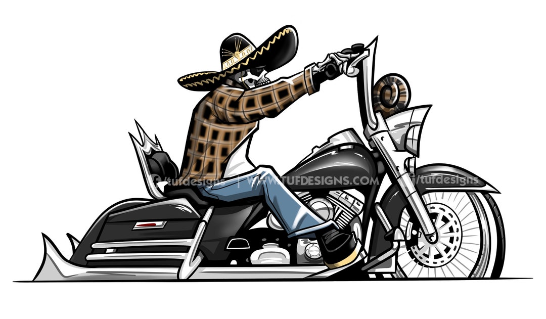 Esqueleto de motocicleta negra Sombrero Arte Estilo Cholo Bicicleta ...