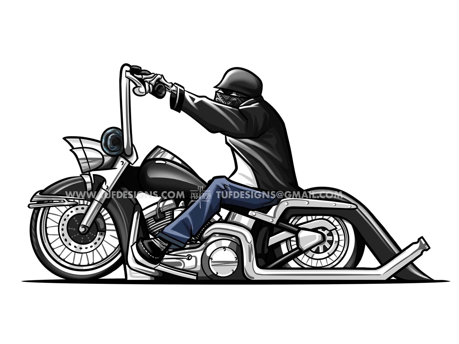 Digital Drawing of Biker on Dirtytail Motorcycle, Lowrider Vicla ...