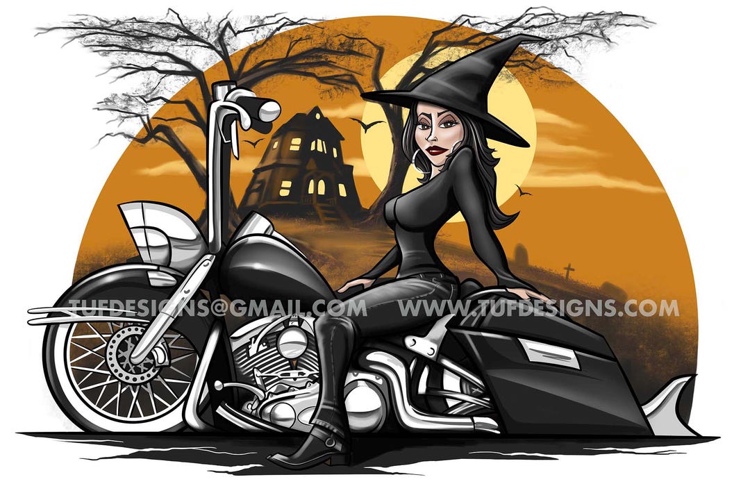 Halloween Illustration: Motorcycle Witch Biker Digital Artwork ...