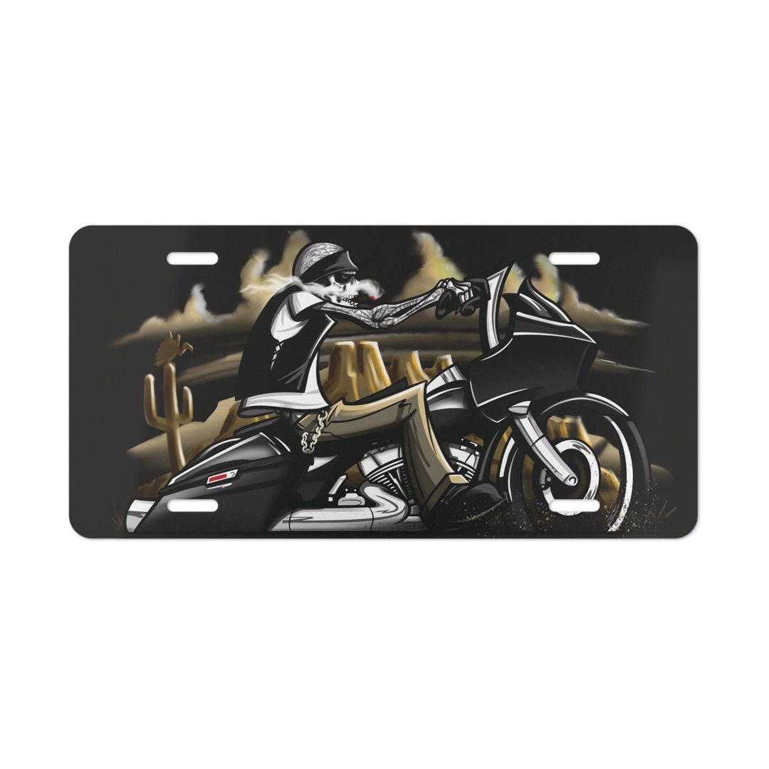 Motorcycle Art, Custom License Plate, Skeleton Biker Illustration ...