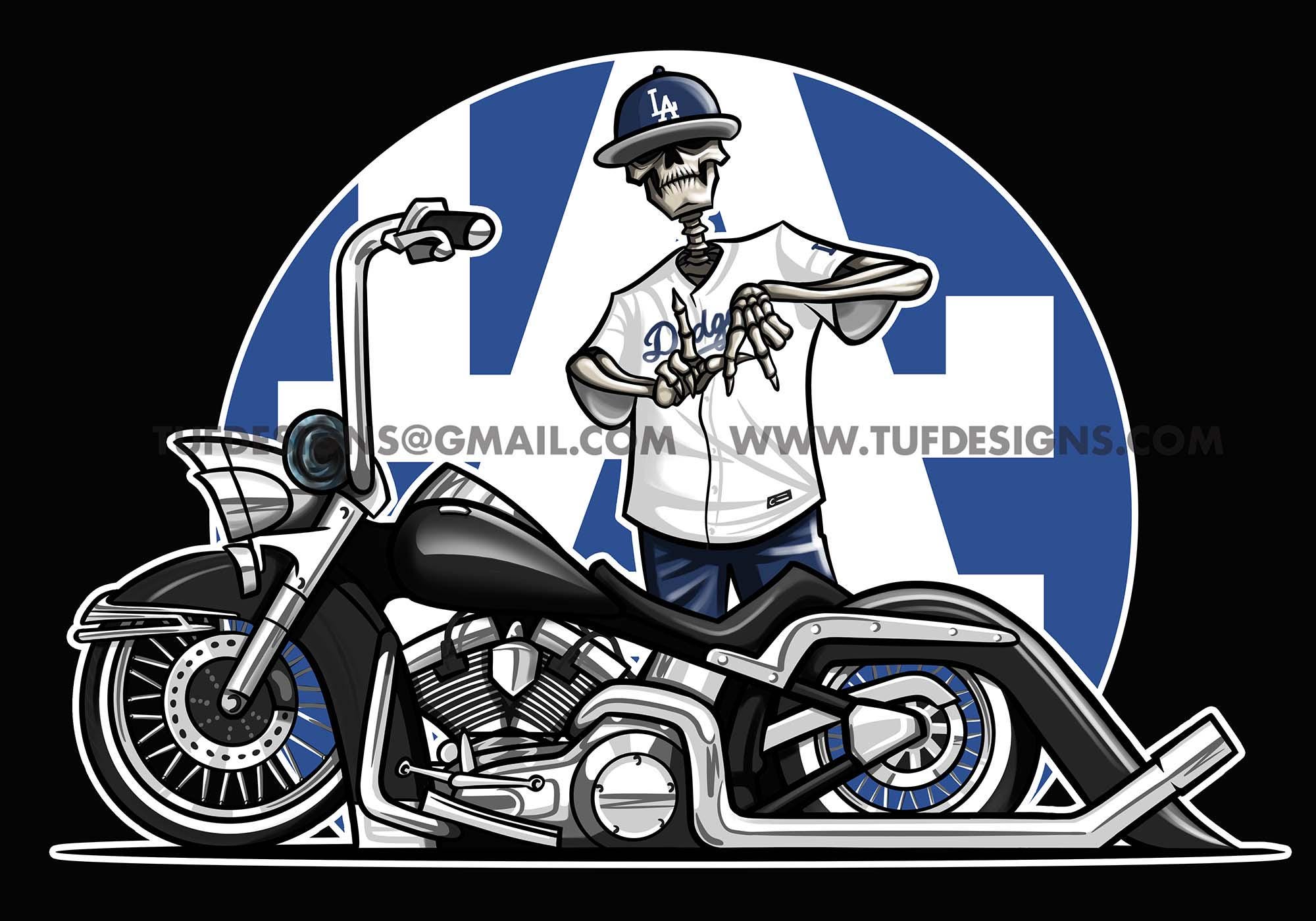 Cartoon Drawing of a Skeleton Biker and Lowrider Motorcycle, Los ...