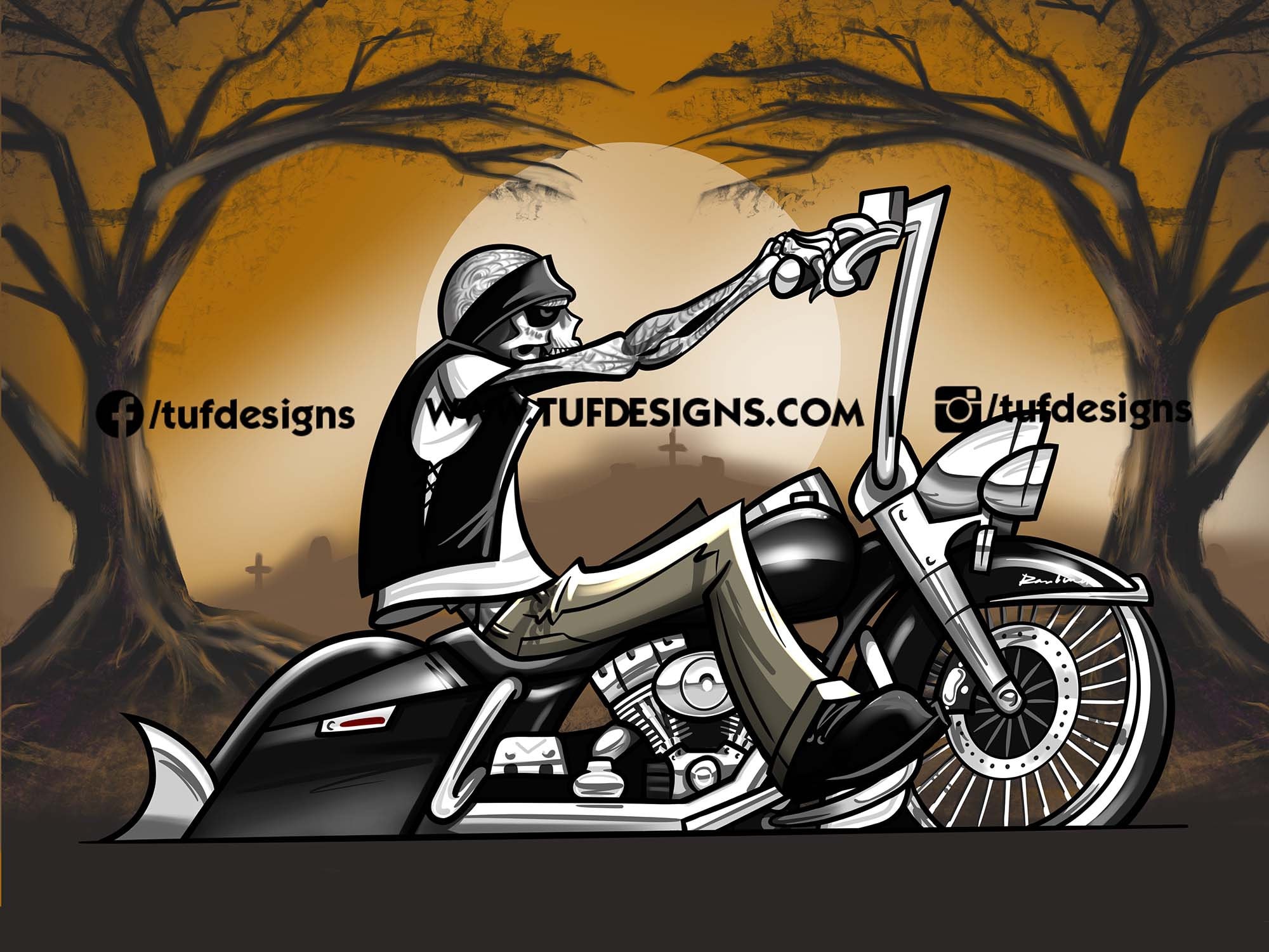 Black Bagger Motorcycle Artwork Skeleton Biker Riding Cholo Style Vicla ...