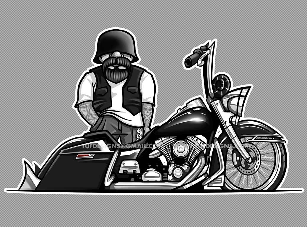 Biker Drawing, Motorcycle Artwork, Custom Bagger, Cartoon Illustration ...