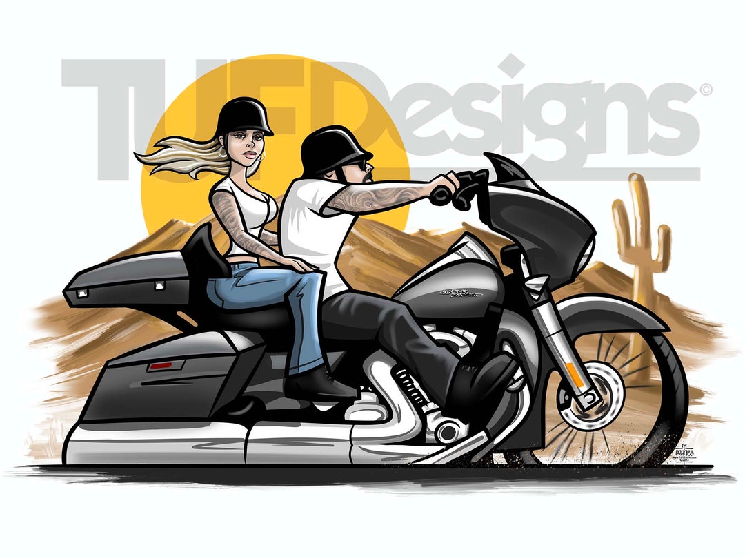 Cartoon Illustration of Biker Couple Riding a Motorcycle, T-shirt ...