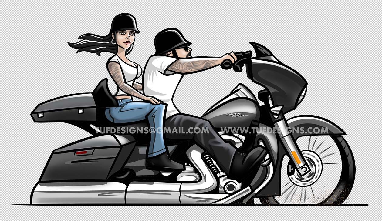 Biker Couple Riding Bagger Motorcycle Drawing Brunette Cartoon ...