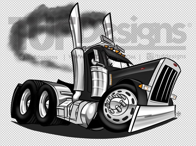 Semi Truck Artwork: Big Rig Cartoon Style Drawing (png and Jpg Digital ...