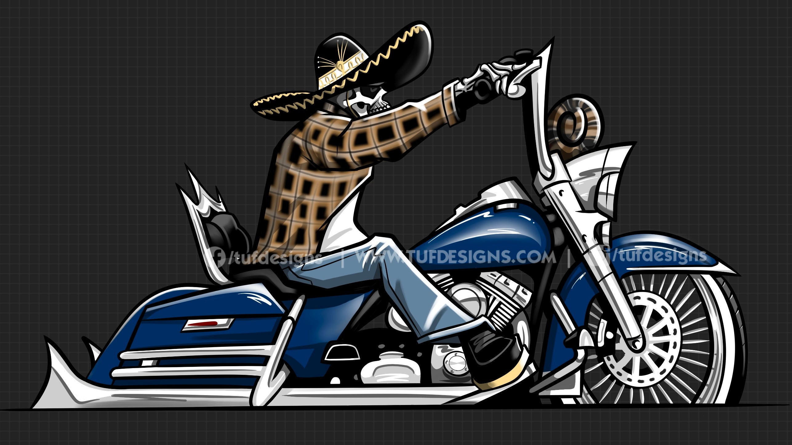 Mexican Skeleton Biker Riding Blue Bagger Cholo Style Vicla Motorcycle ...