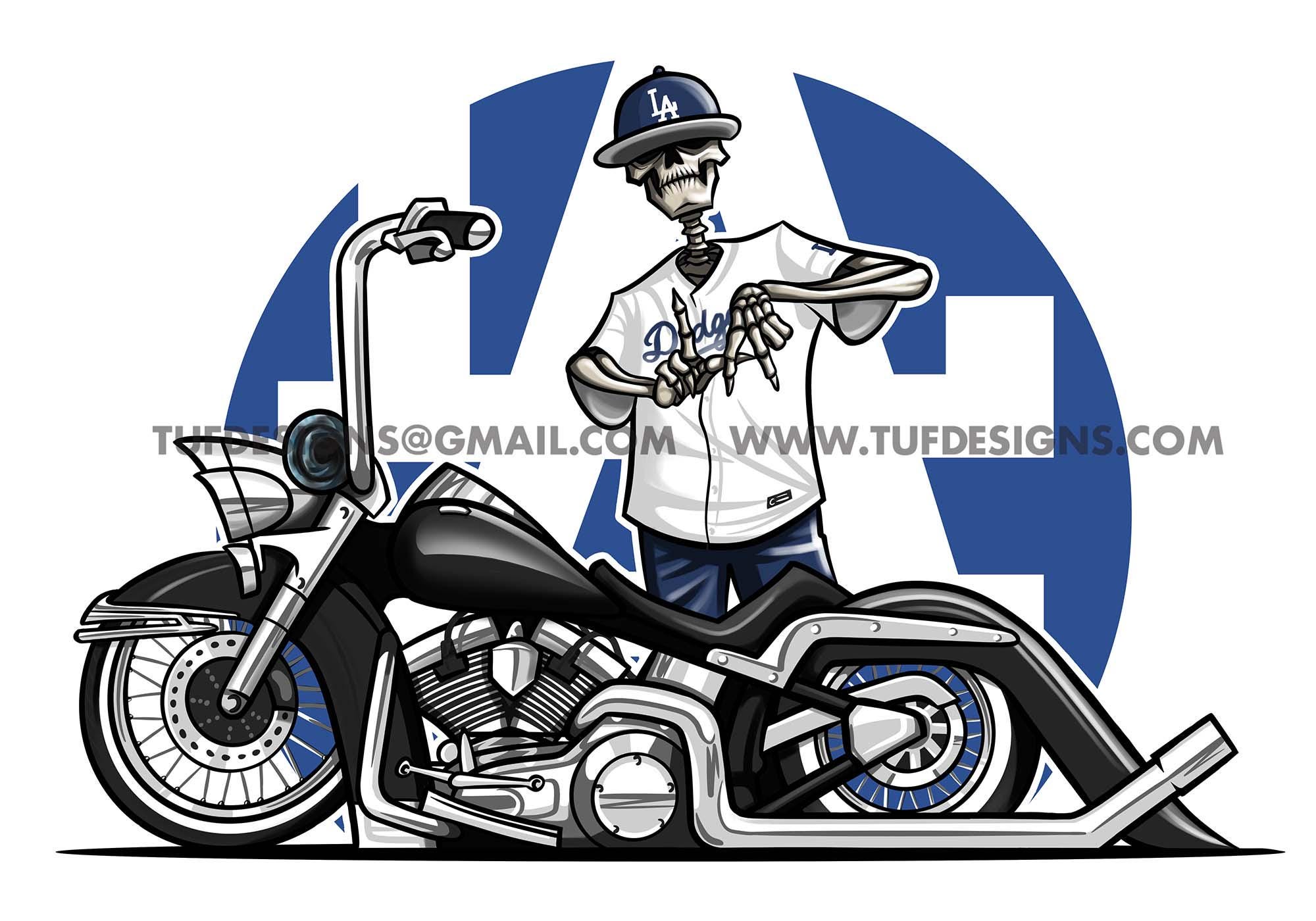 Cartoon Drawing of a Skeleton Biker and Lowrider Motorcycle, Los ...