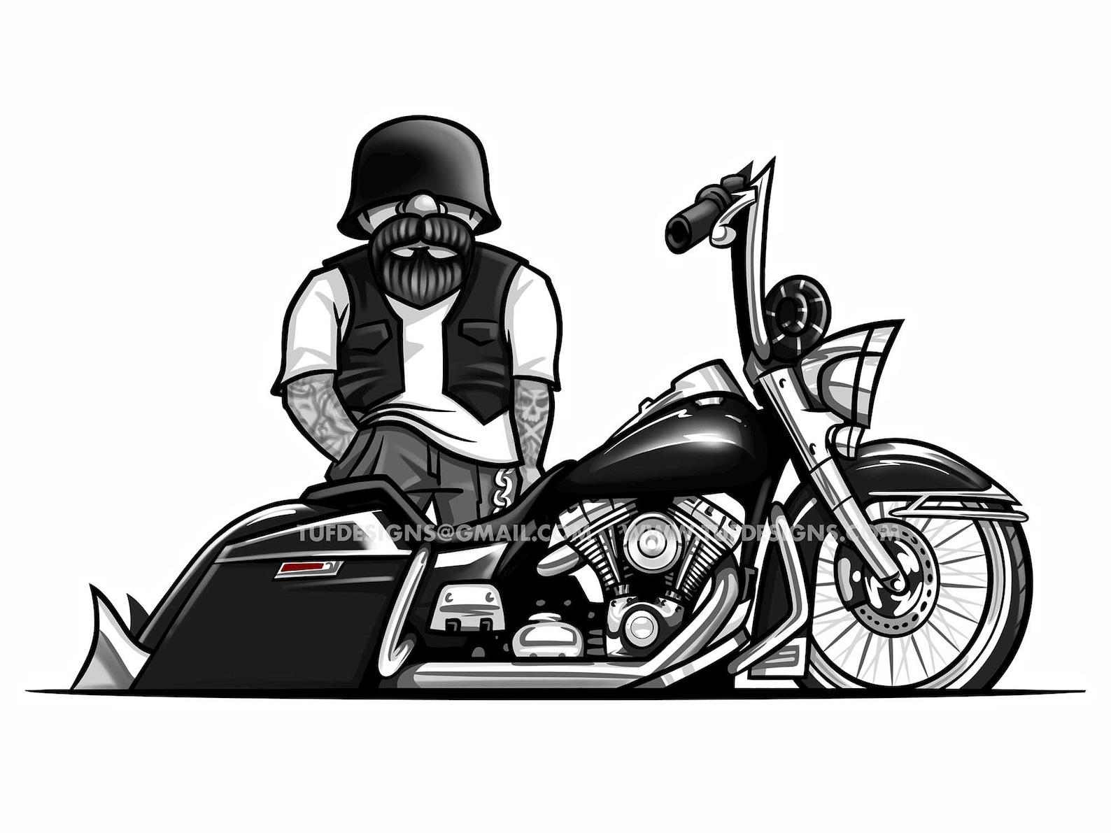 Biker Drawing, Motorcycle Artwork, Custom Bagger, Cartoon Illustration ...