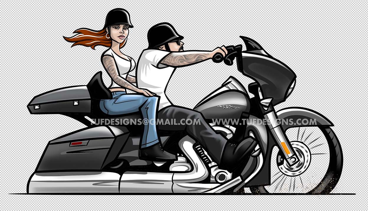 Biker Couple Riding Bagger Motorcycle Drawing Redhead Cartoon Character ...