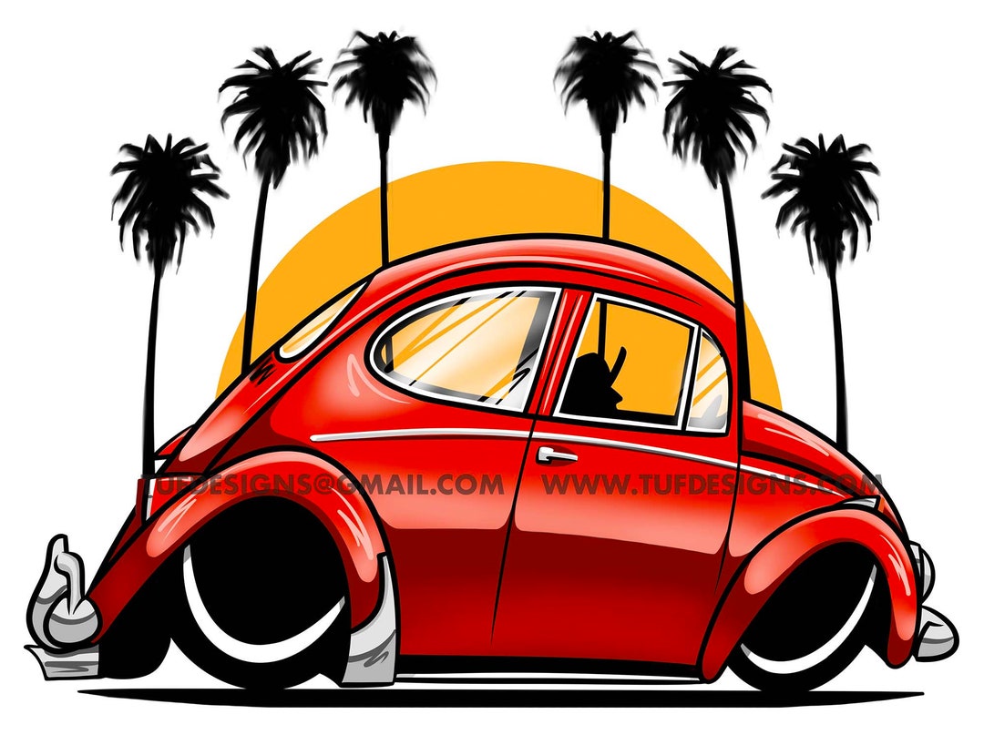 Red Lowered California Style Bug Drawing Small Car Cartoon Beetle ...
