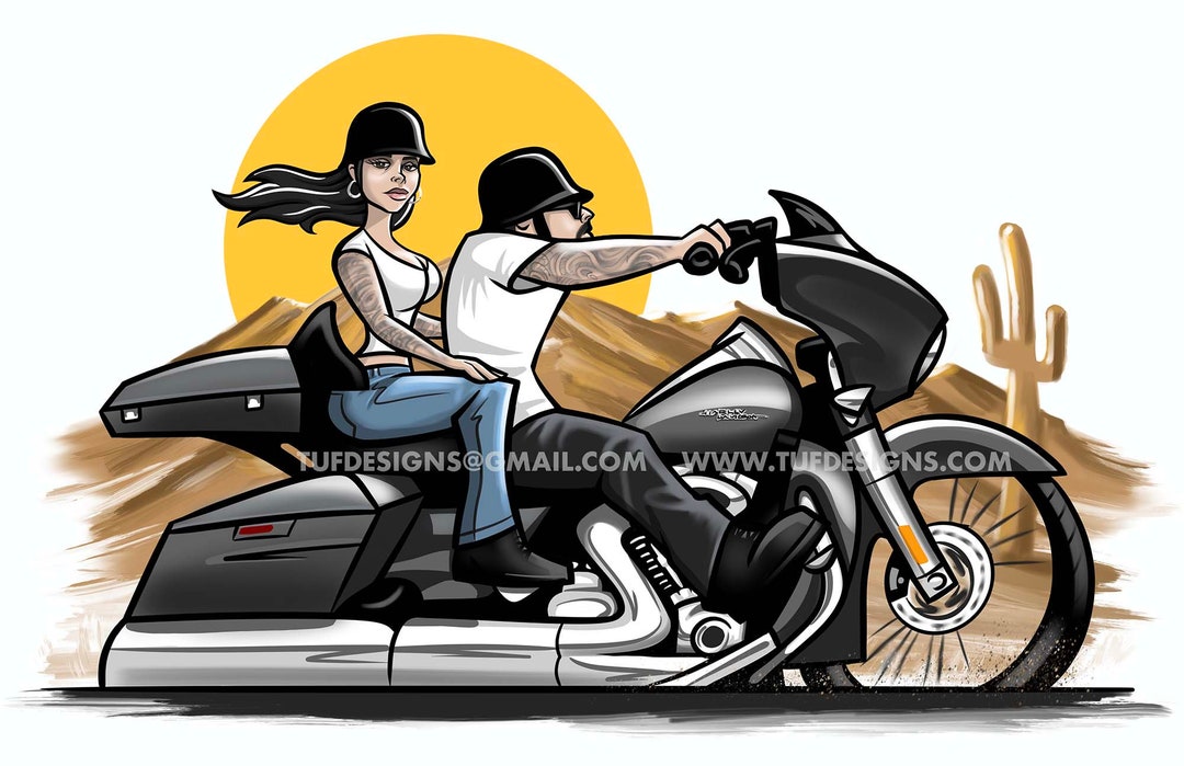 Biker Couple Riding Bagger Motorcycle Drawing Brunette Cartoon ...