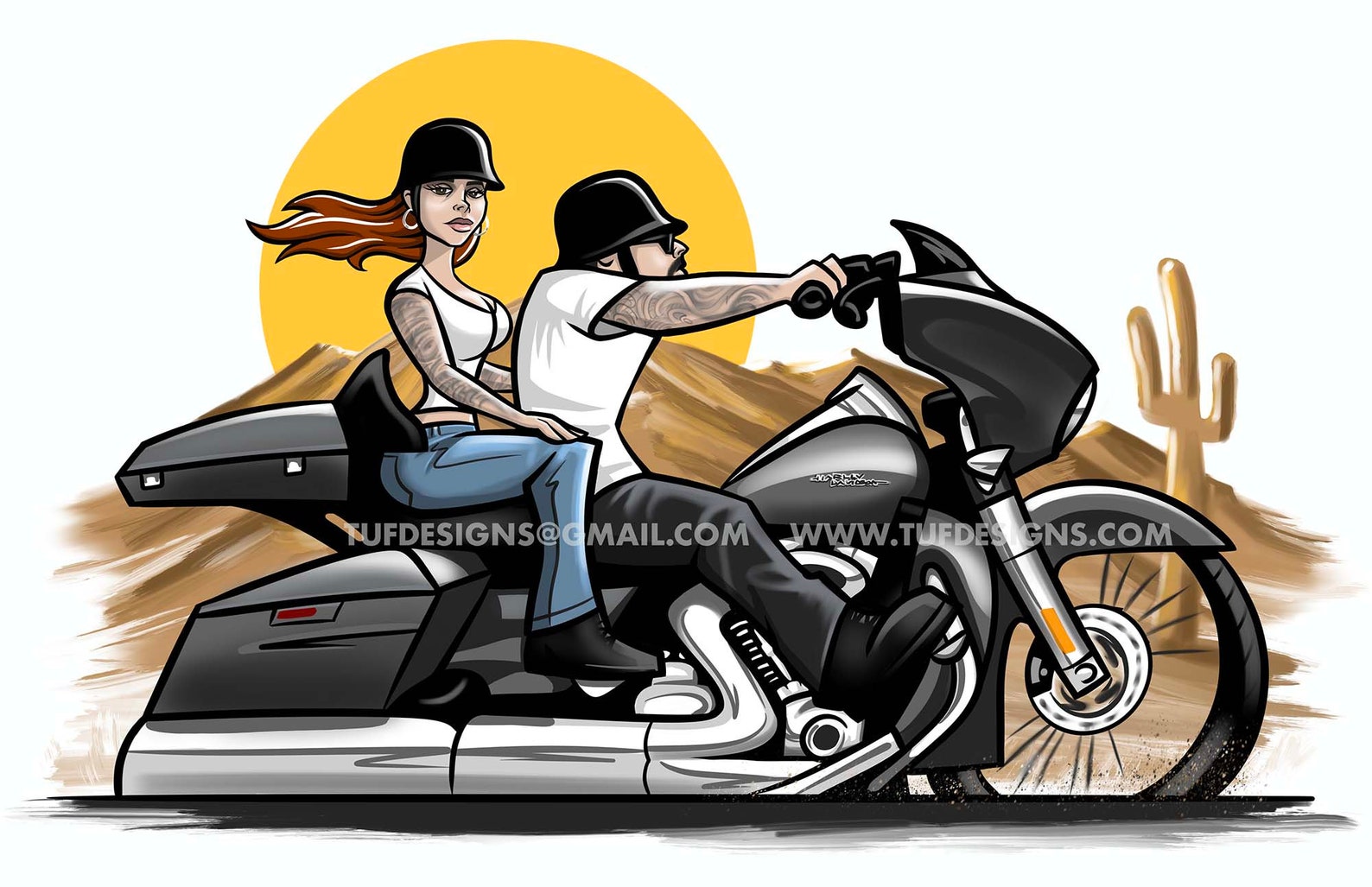 Biker Couple Riding Bagger Motorcycle Drawing Redhead Cartoon Character ...