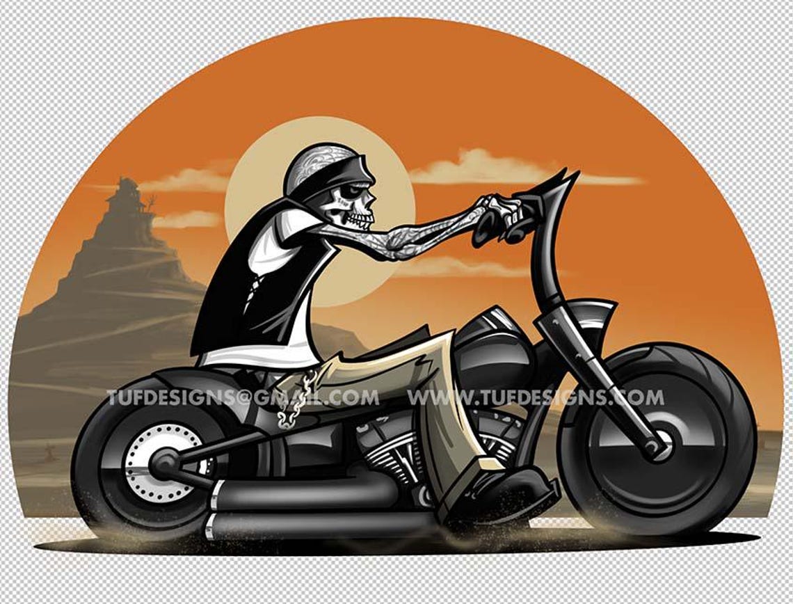 Motorcycle Drawing, Skeleton Biker Art, Halloween Illustration, Bike ...