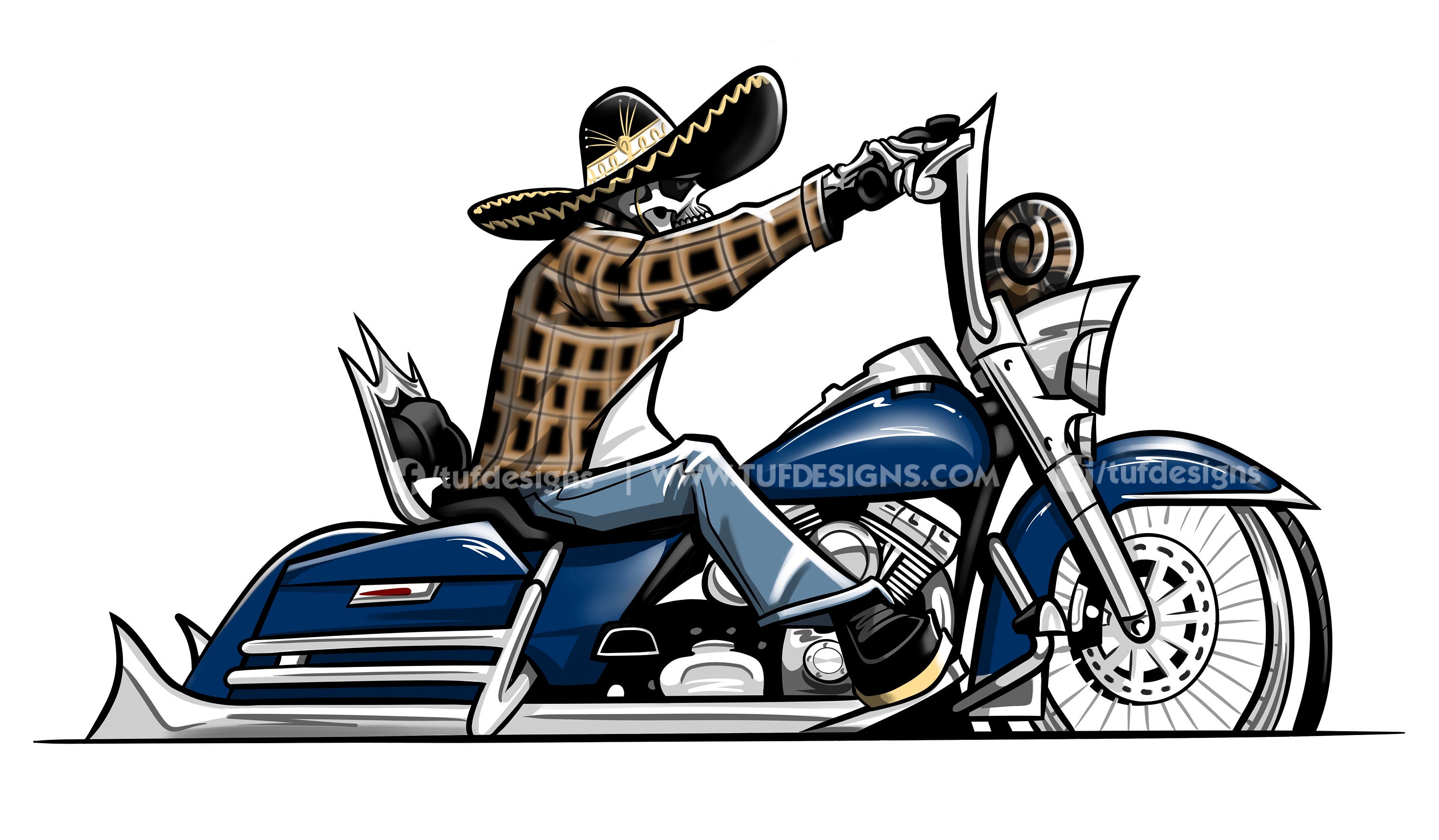 Mexican Skeleton Biker Riding Blue Bagger Cholo Style Vicla Motorcycle ...