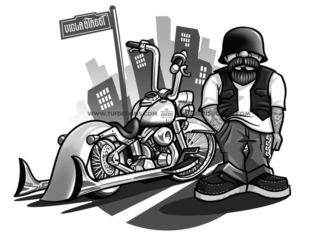 Cartoon Illustration of Biker With Motorcycle, Cool Character Drawing ...