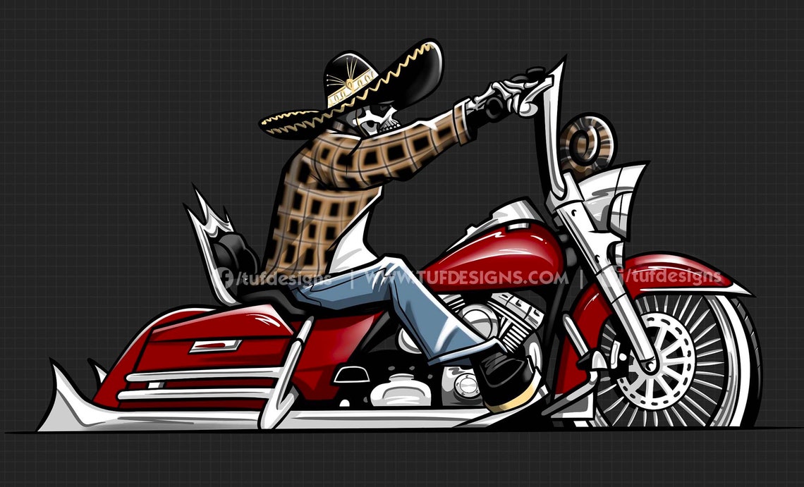 Red Cholo Style Vicla Lowrider Bagger Motorcycle With Skeleton Wearing ...