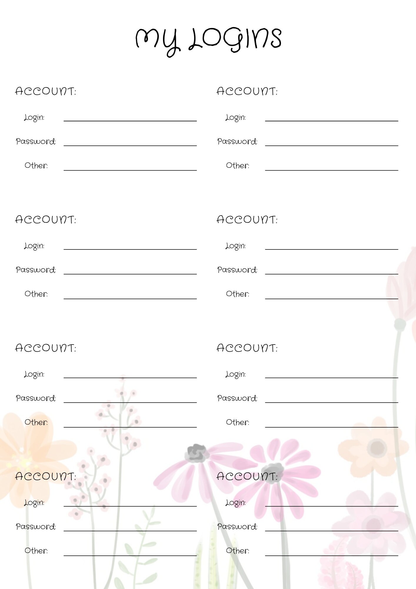 Password/login Tracker; Flower Design; Instant Download; Printable PDF ...