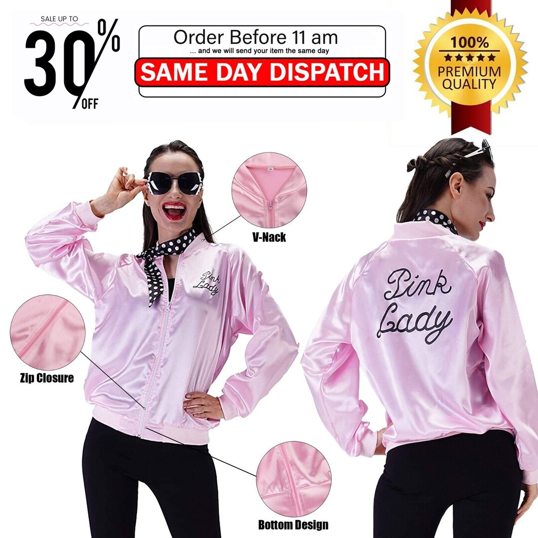 Ladies Pink Grease Satin Jacket 1950s Womens Hen Night Party Fancy ...