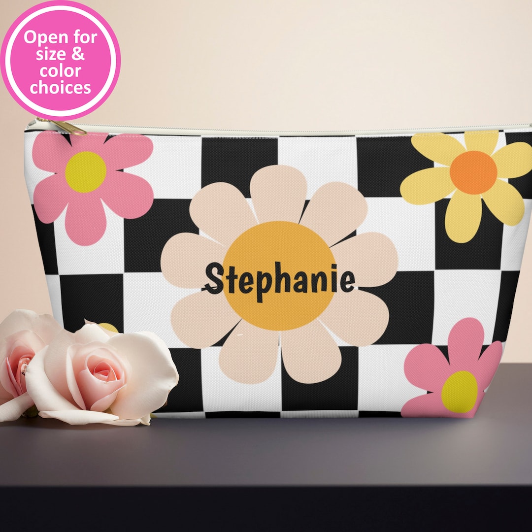 Personalized Retro Checkerboard Makeup Bag With Groovy Flowers, Custom ...