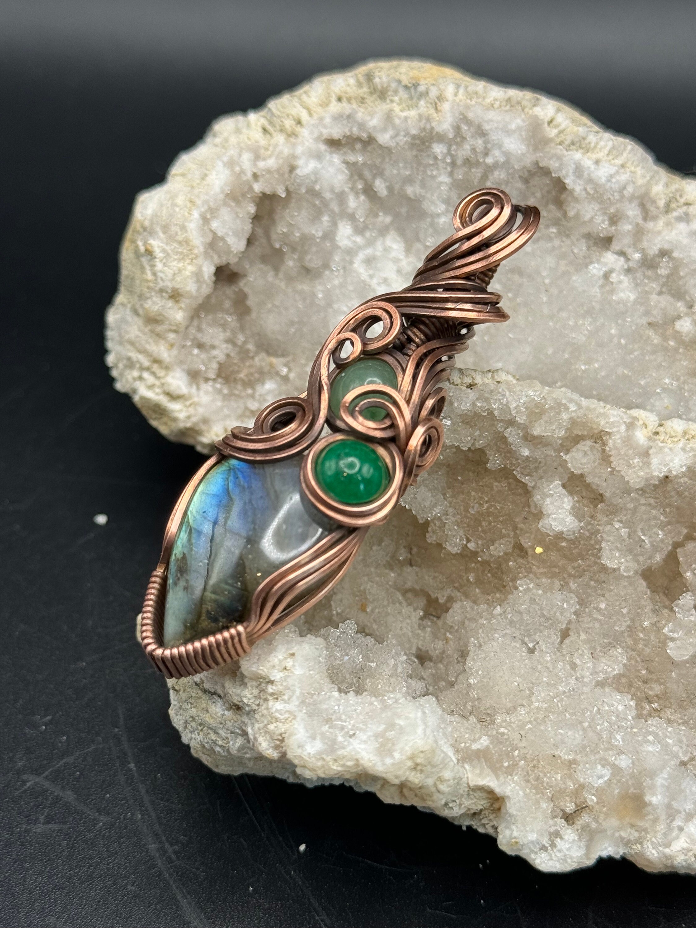 Labradorite Wire Wrapped Pendant With Aventurine and Green Strawberry ...