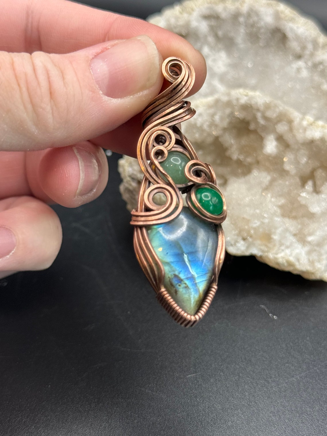 Labradorite Wire Wrapped Pendant With Aventurine and Green Strawberry ...