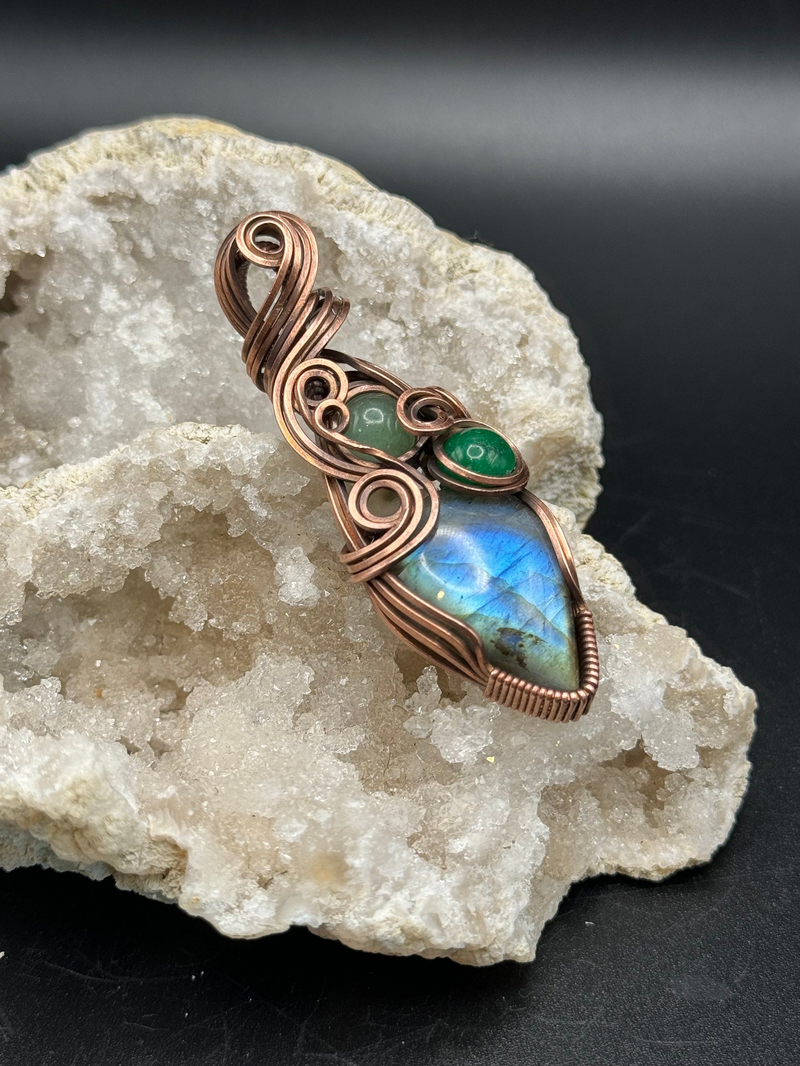 Labradorite Wire Wrapped Pendant With Aventurine and Green Strawberry ...