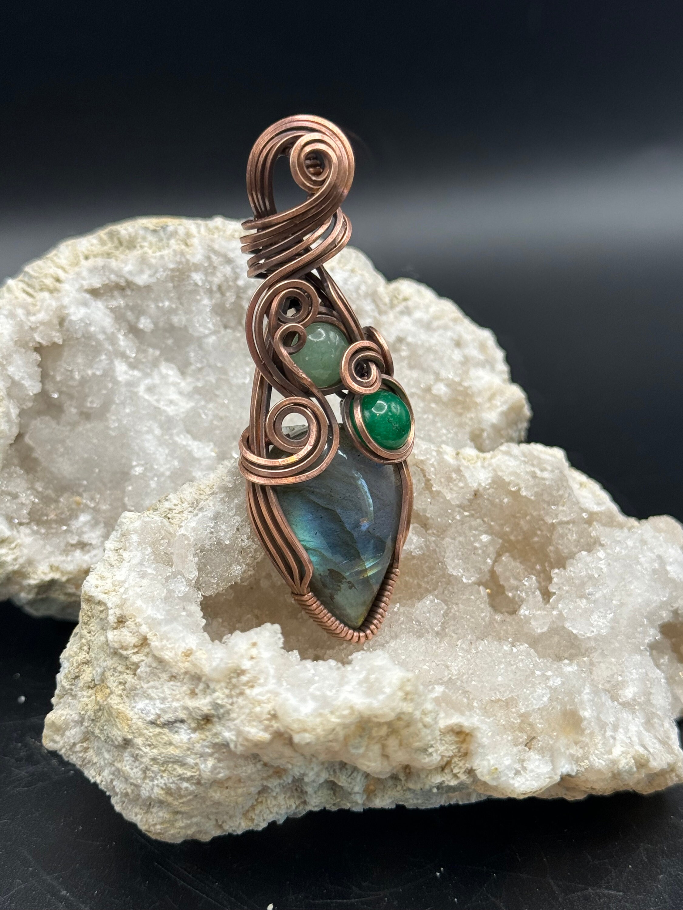 Labradorite Wire Wrapped Pendant With Aventurine and Green Strawberry ...
