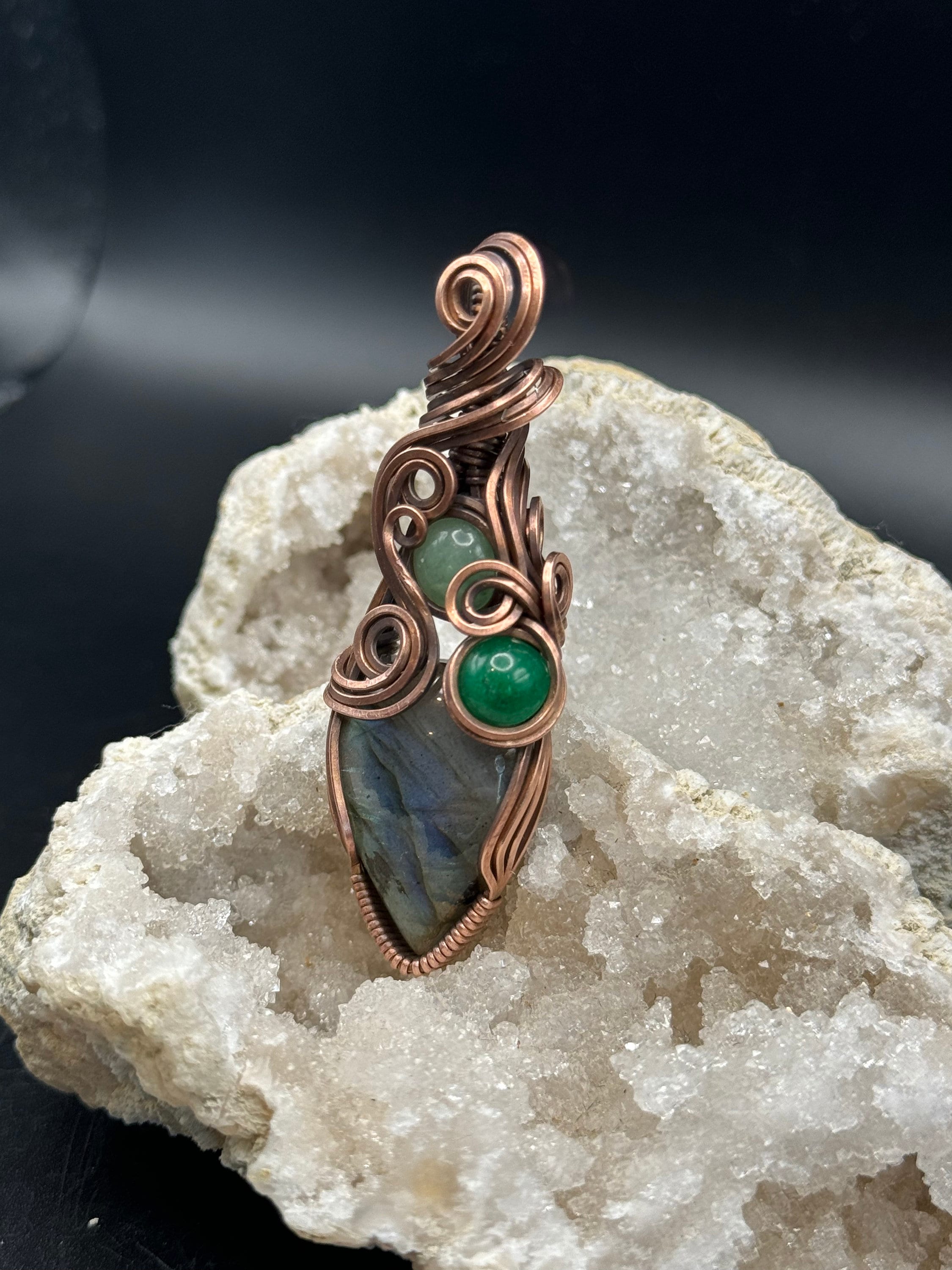 Labradorite Wire Wrapped Pendant With Aventurine and Green Strawberry ...