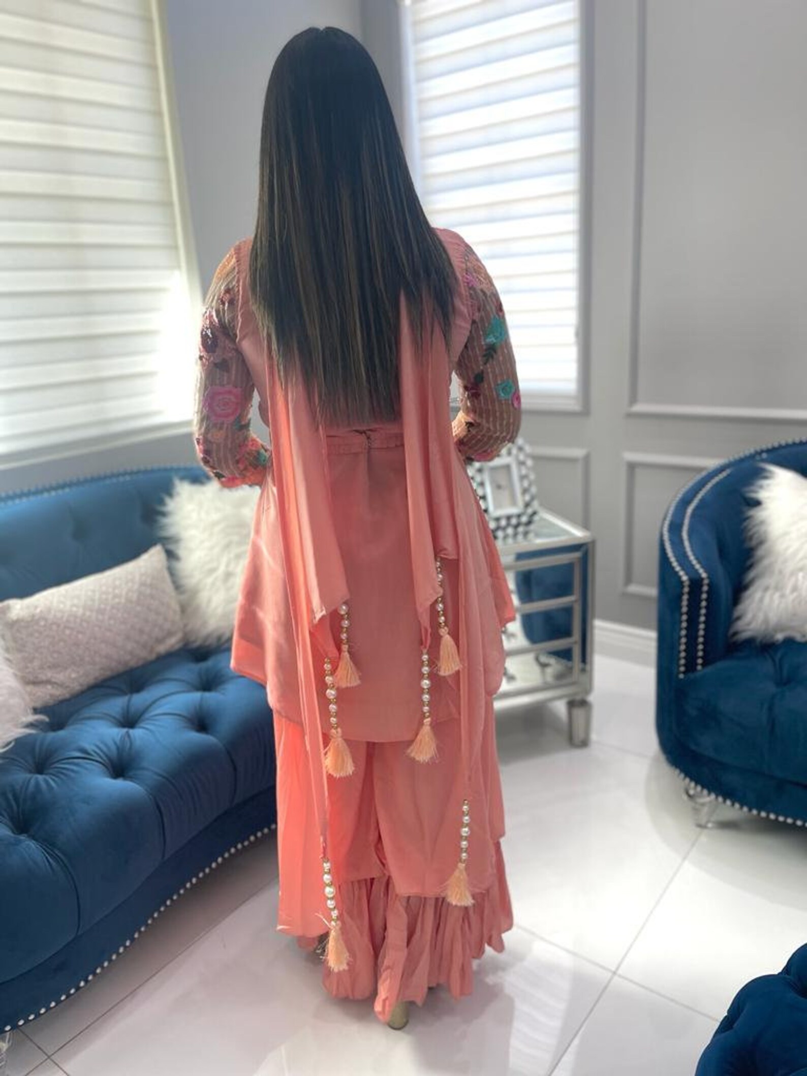 Peach Net Suit With Full Embroidery on Shirt Along With Sequence Belt ...