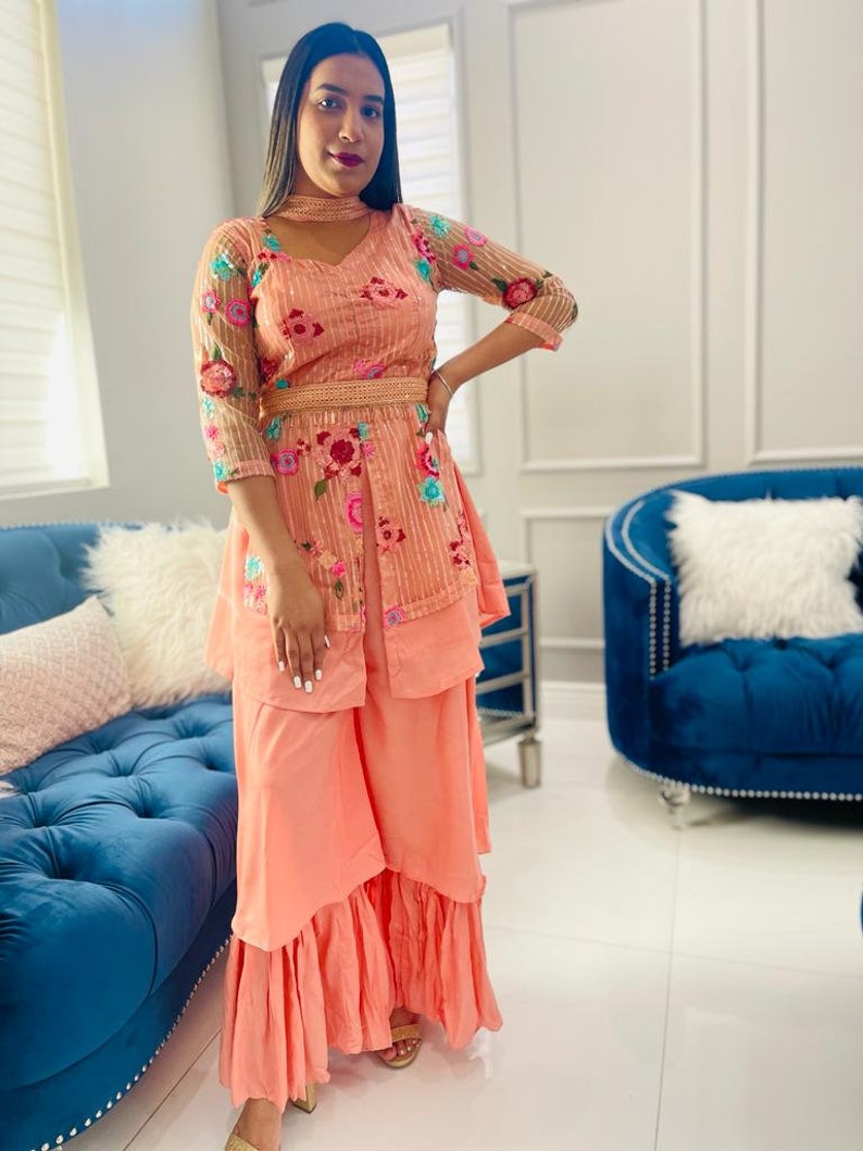 Peach Net Suit With Full Embroidery on Shirt Along With Sequence Belt ...