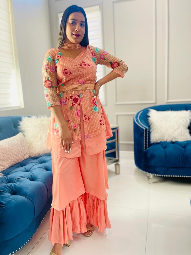 Peach Net Suit With Full Embroidery on Shirt Along With Sequence Belt ...