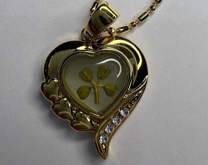 Real 4 Four Leaf Clover Gold Plated Jewel Heart Charm Necklace Jewelry ...