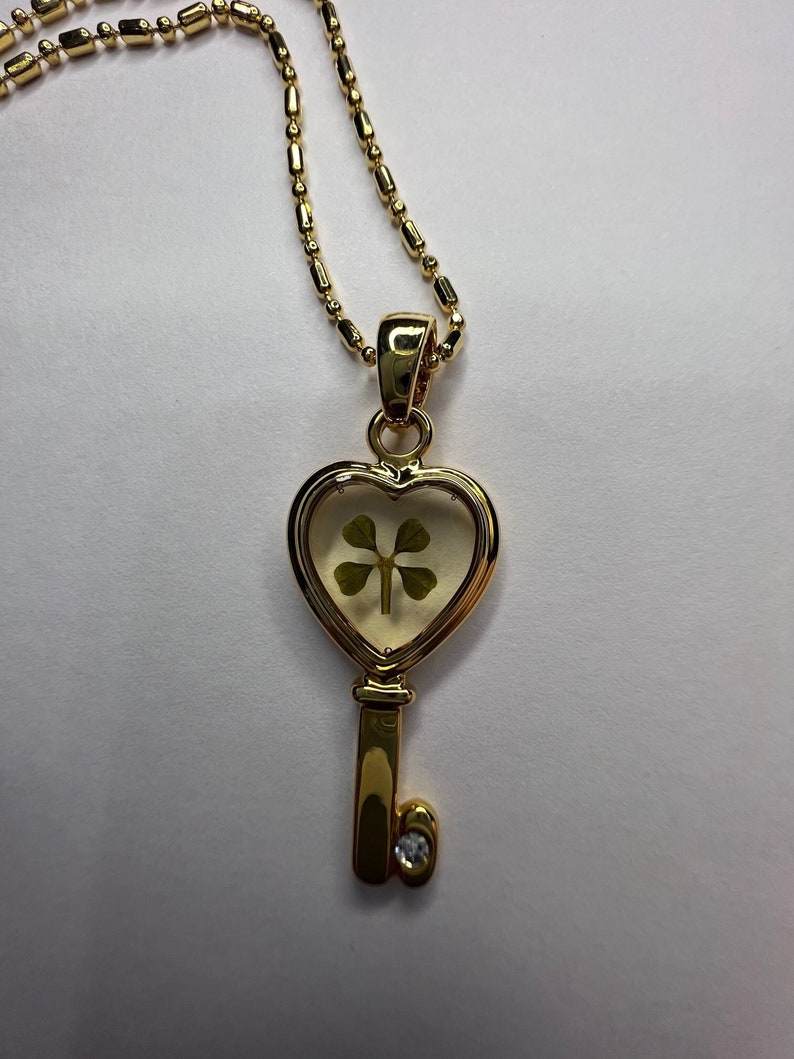 Real 4 Four Leaf Clover Gold Plated Key Heart Charm Necklace Jewelry - Etsy