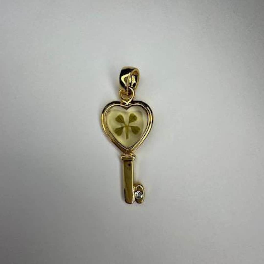 Real 4 Four Leaf Clover Gold Plated Key Heart Charm Necklace Jewelry - Etsy