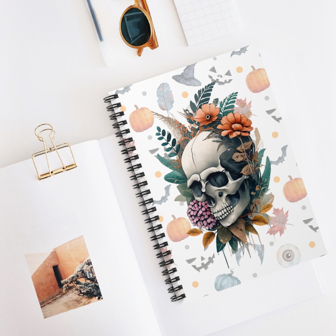 Spiral Notebook, Skull With Flowers, Halloween Themed Notebook, Journal ...