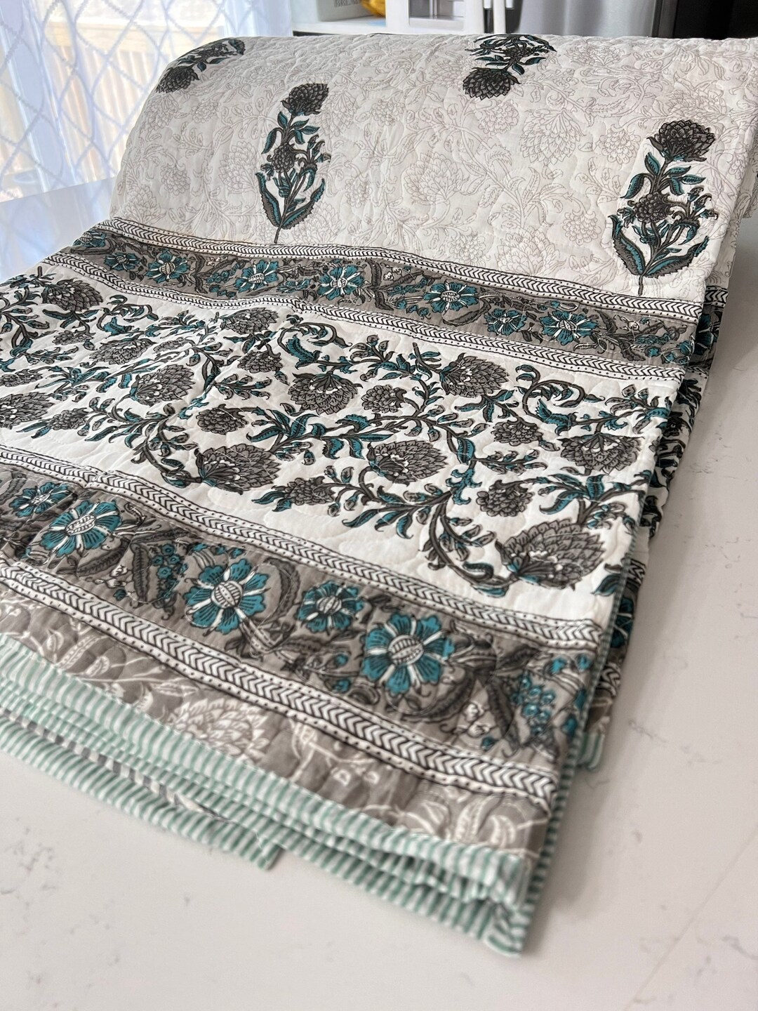 Handmade Block Print Cotton Quilt, Cotton Quilt With Pillow, Quilted ...