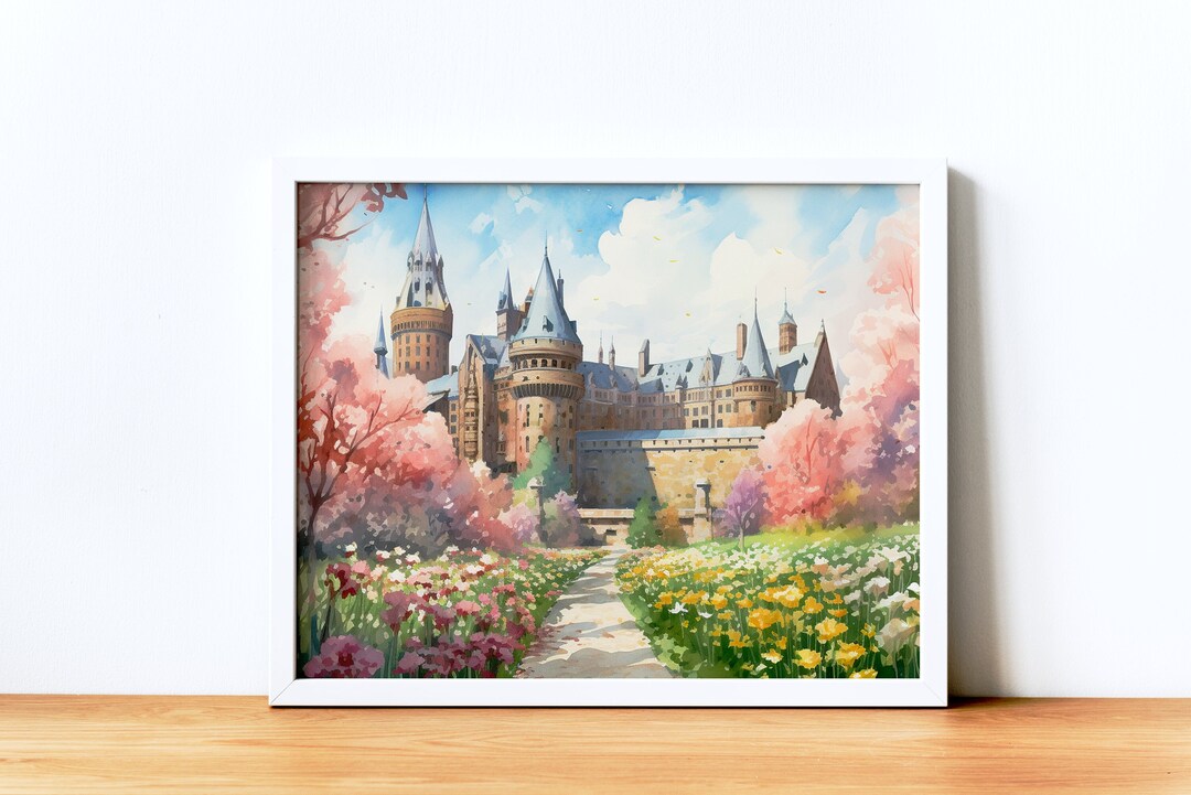 Wizard School Castle Spring Watercolor Painting, Wall Art, Printable ...