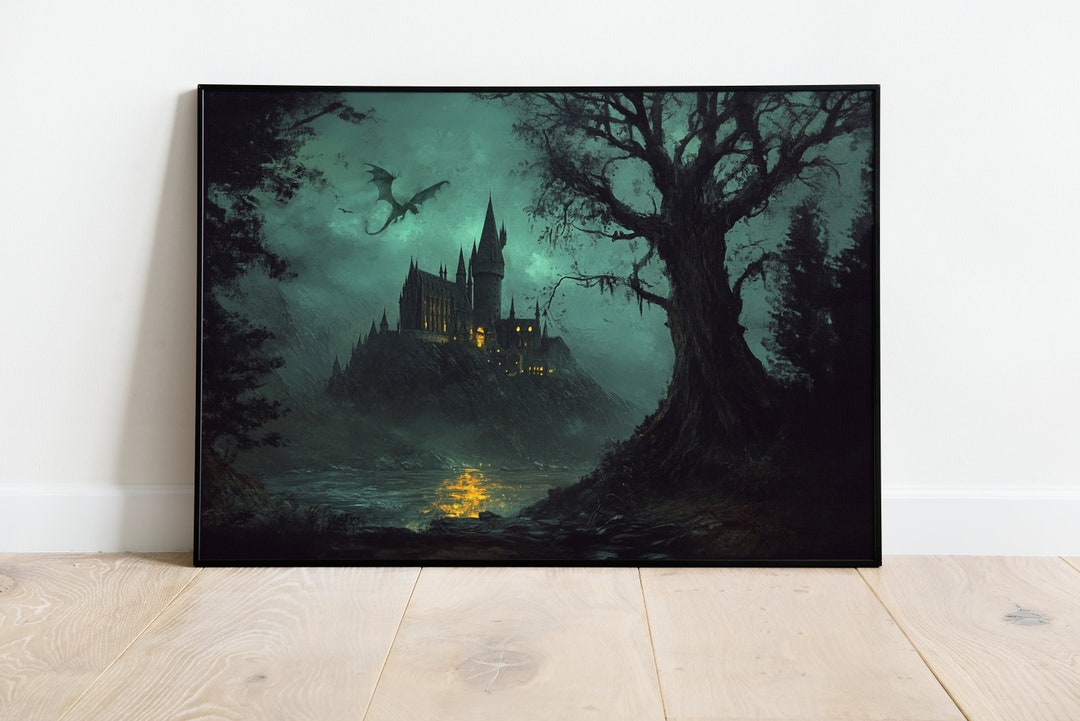 Wizard School Castle Dragon Painting, Dark Wall Art, Printable, Instant ...