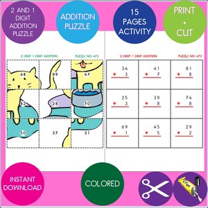 15 Puzzle for 2 and 1 Digit Addition. Addition (adding) Animal Puzzles ...