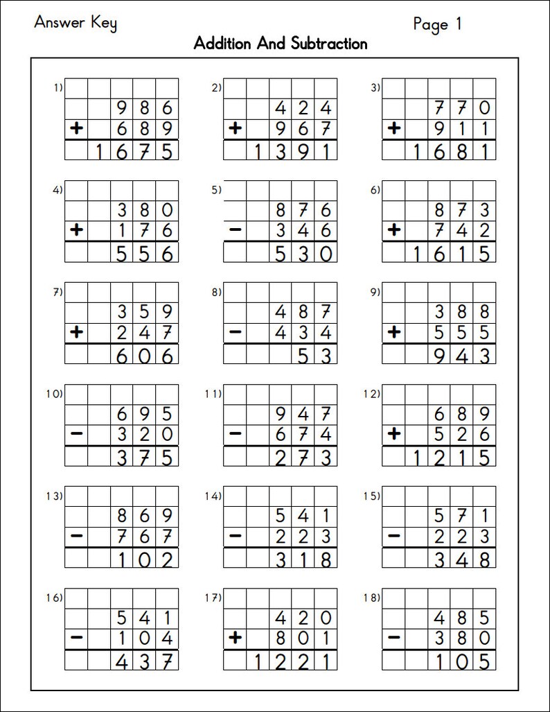 Addition and Subtraction Math Worksheets. 3 Digit & 4 Digit 40 Pages ...