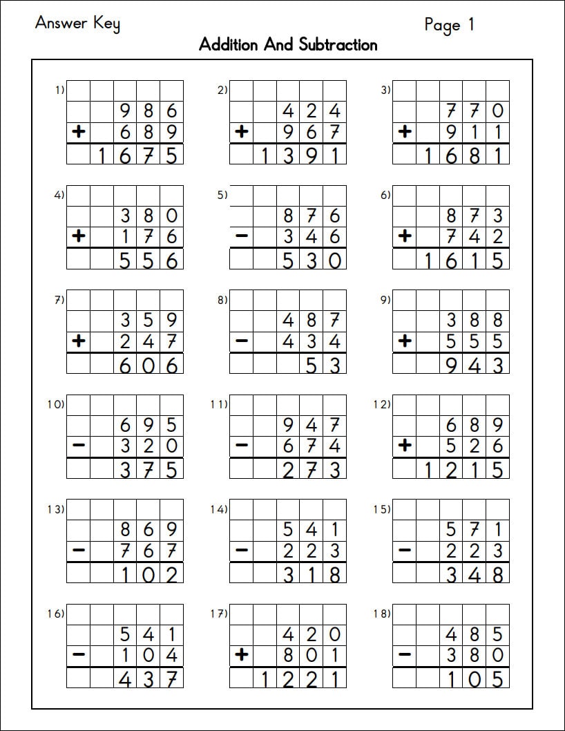 Addition and Subtraction Math Worksheets. 3 Digit & 4 Digit 40 Pages ...