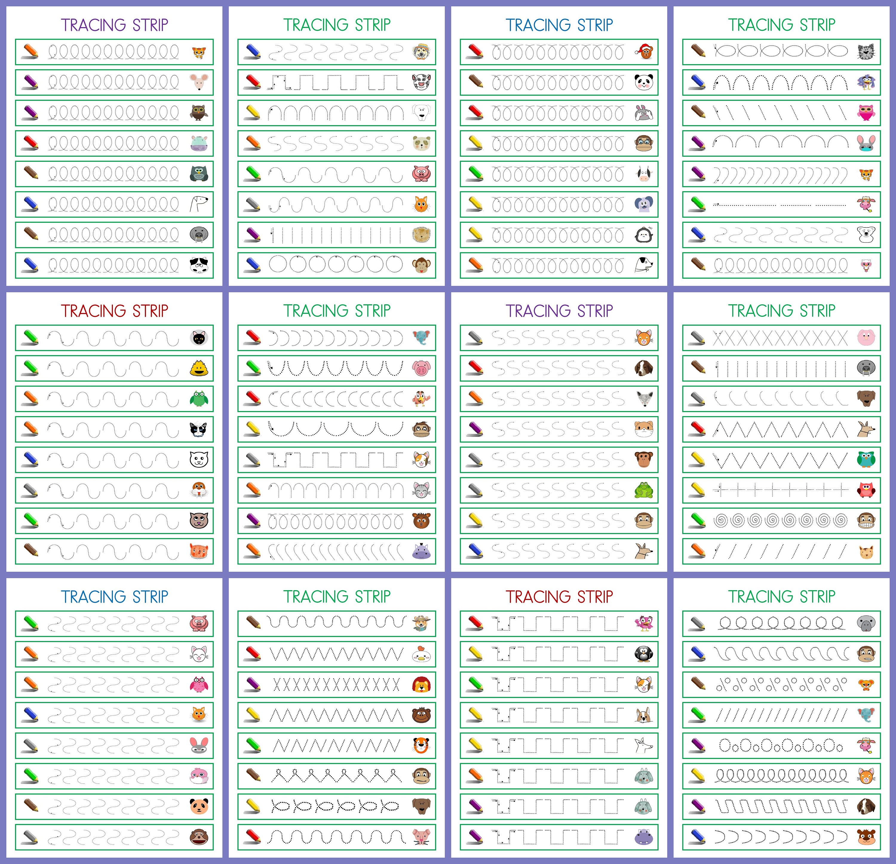 Animal Tracing Strips, Tracing Practice, Worksheets, Literacy Centers ...