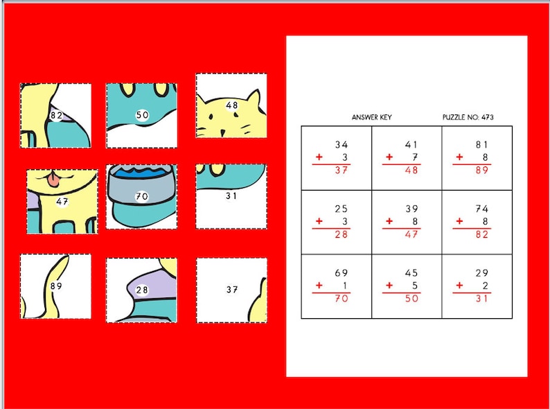 15 Puzzle for 2 and 1 Digit Addition. Addition (adding) Animal Puzzles ...