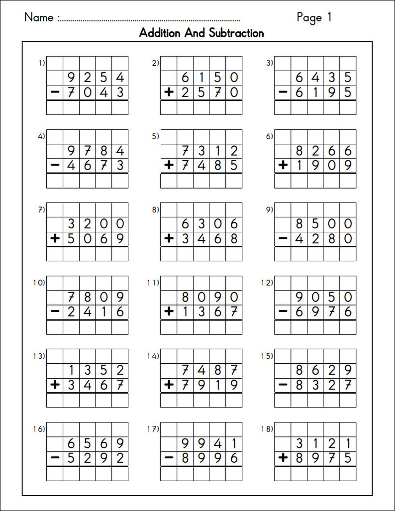 Addition and Subtraction Math Worksheets. 3 Digit & 4 Digit 40 - Etsy