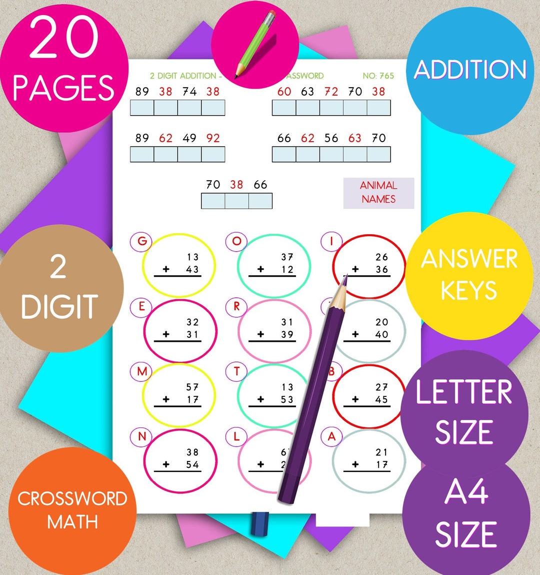 2 DIGIT ADDITION - -find Animal Name Password. 2O Addition Puzzle Sum ...