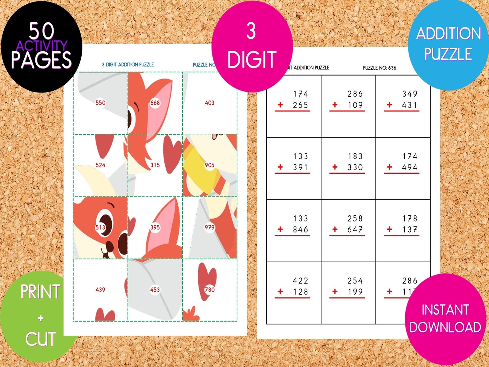 50 Puzzle for 3 Digit Addition. Addition (adding) Animal Puzzles for ...