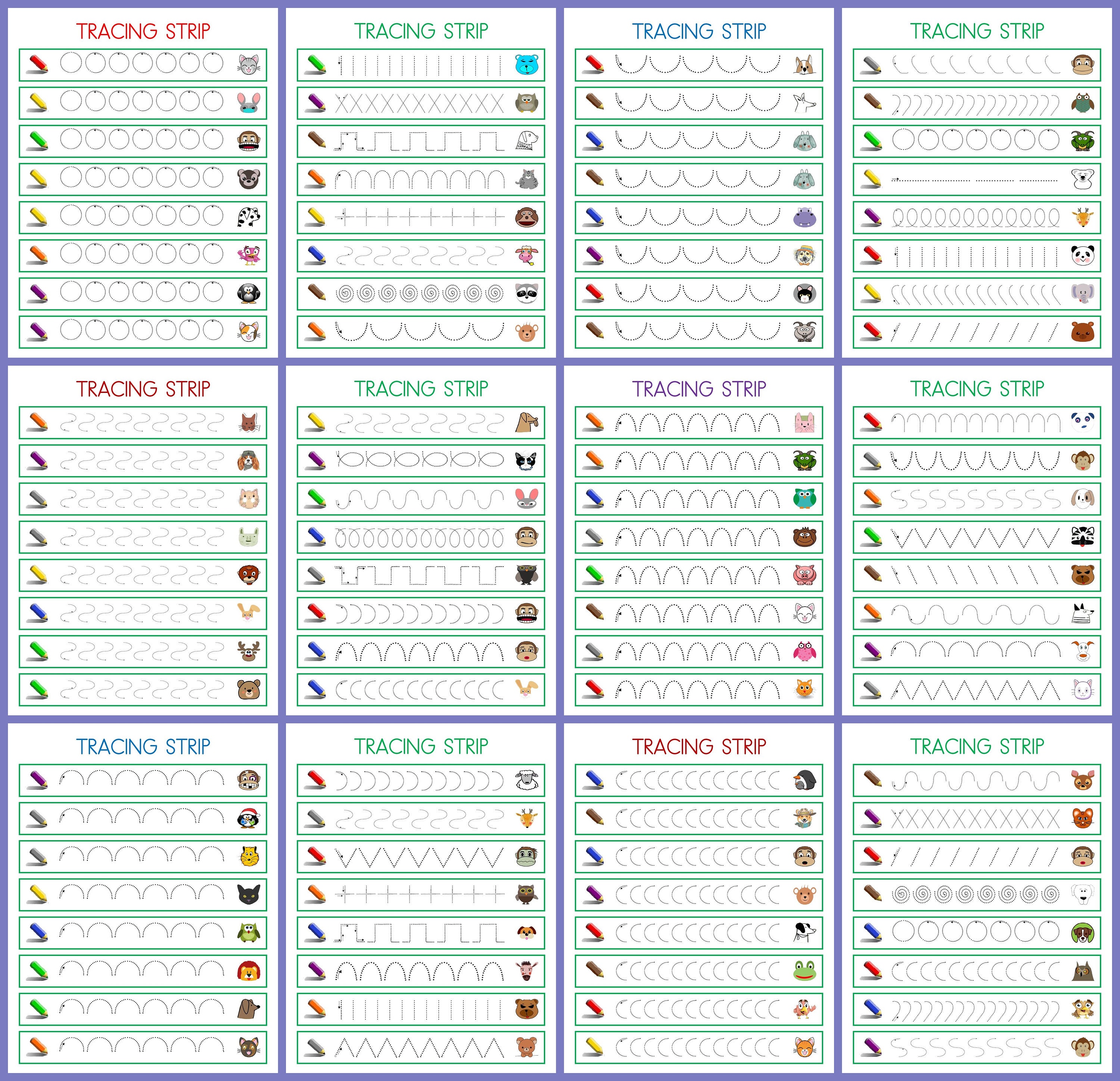 Animal Tracing Strips, Tracing Practice, Worksheets, Literacy Centers ...