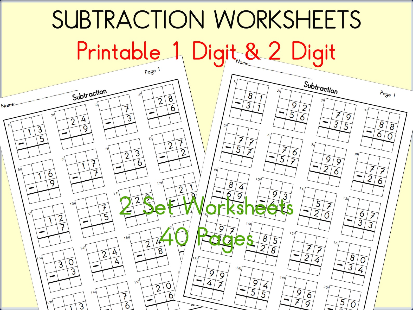 Subtraction Worksheets. 40 Printable Worksheets. Numbers 1-20 & Numbers ...
